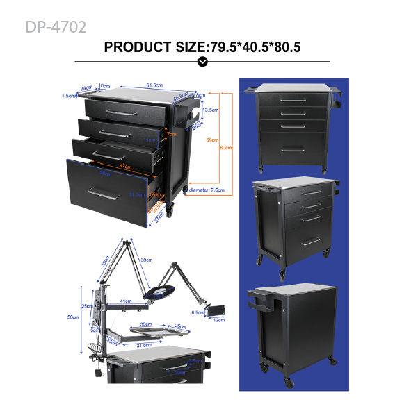 עגלת עבודה עם גלגלים שחורה למקעקע דגם DP-4702 - טופנייל